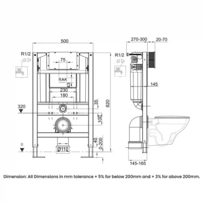 RAK Top & Front Concealed Cistern & Frame for Wall Hung Pan - 12cm wall ...