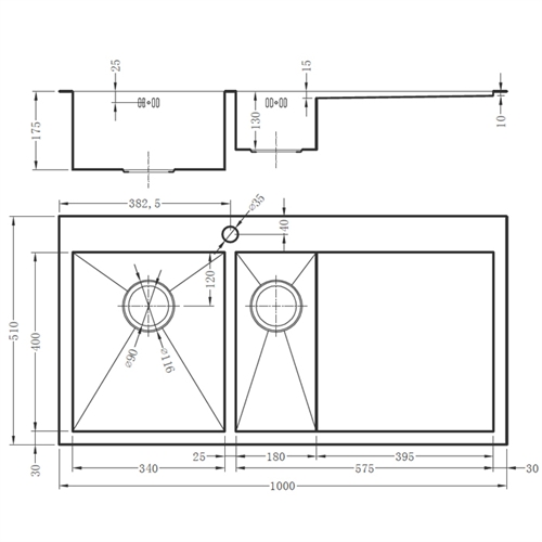 Left Handed Zen 'Duo' 61F Luxury 2 Bowl & Drainer Kitchen Sink - Lime ...